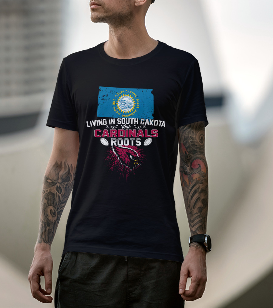 Living In South Dakota With Cardinals Roots South Dakota State Map Flag Football Helmet T-Shirt