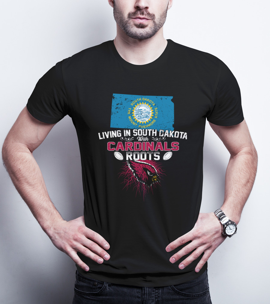 Living In South Dakota With Cardinals Roots South Dakota State Map Flag Football Helmet T-Shirt