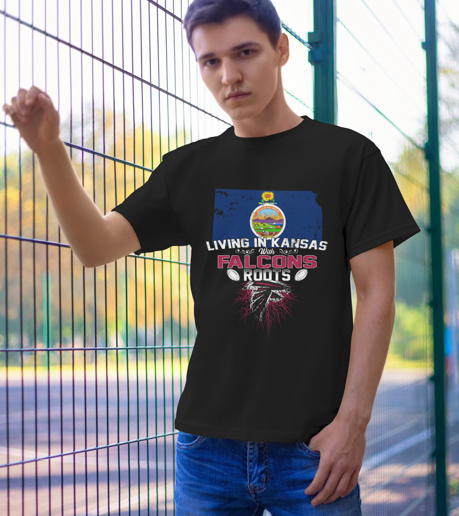 Living In Kansas With Falcons Roots Kansas State Seal Football Motif T-Shirt