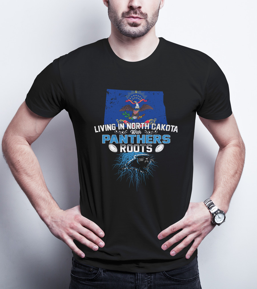 Living In North Dakota With Panthers Roots North Dakota Flag American Eagle Football Panther T-Shirt
