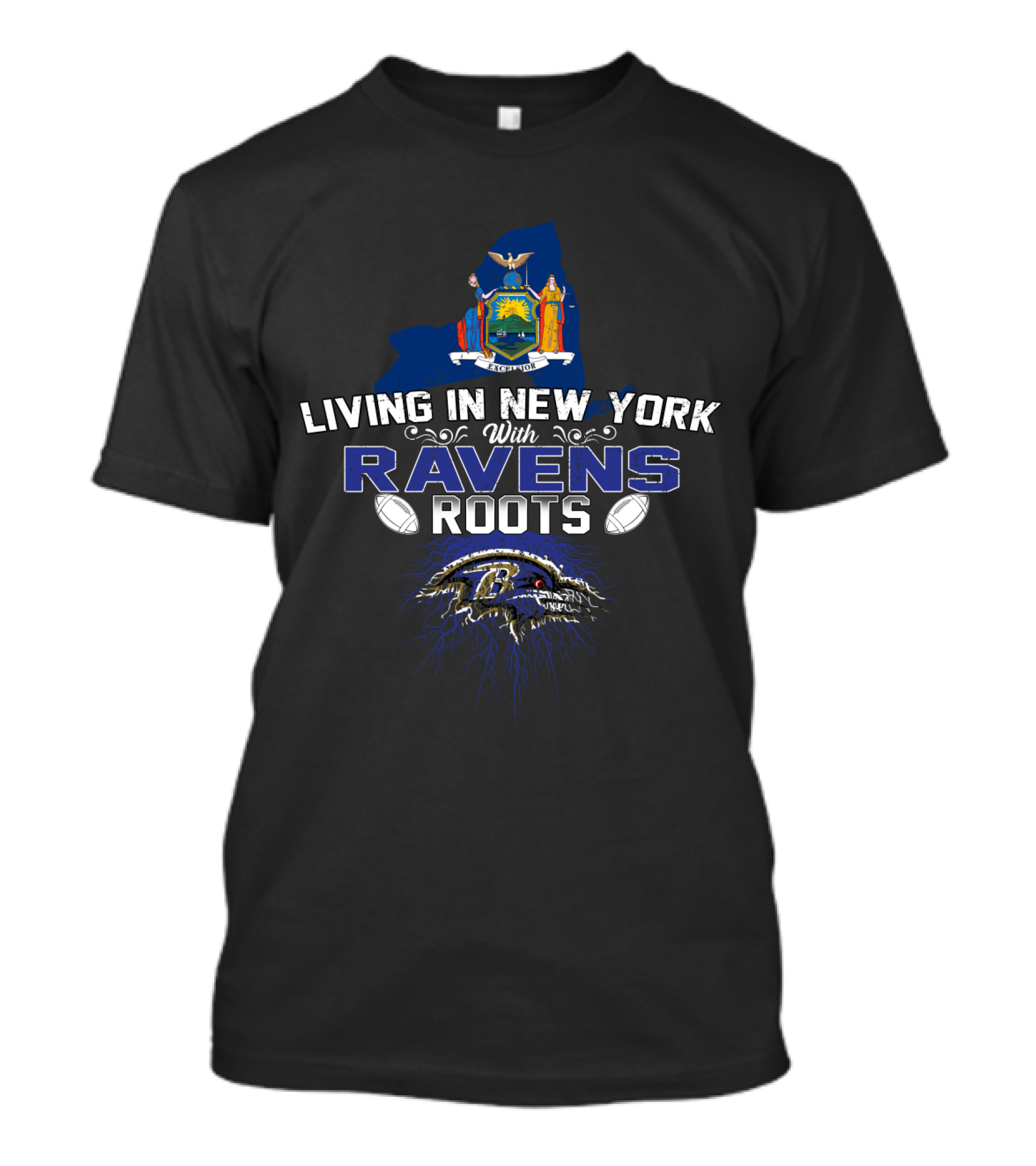 Living In New York With Baltimore Ravens Roots Logo And New York State Map T-Shirt