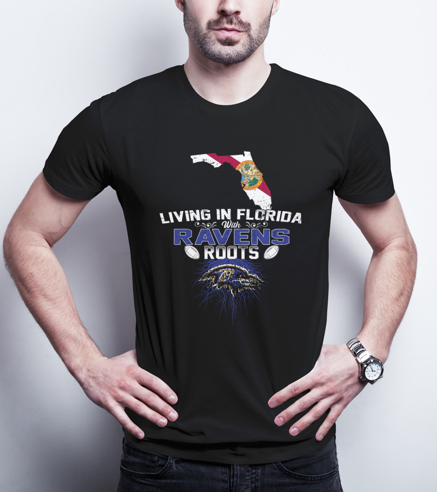 Living In Florida With Ravens Roots Baltimore Football Fan Map T-Shirt