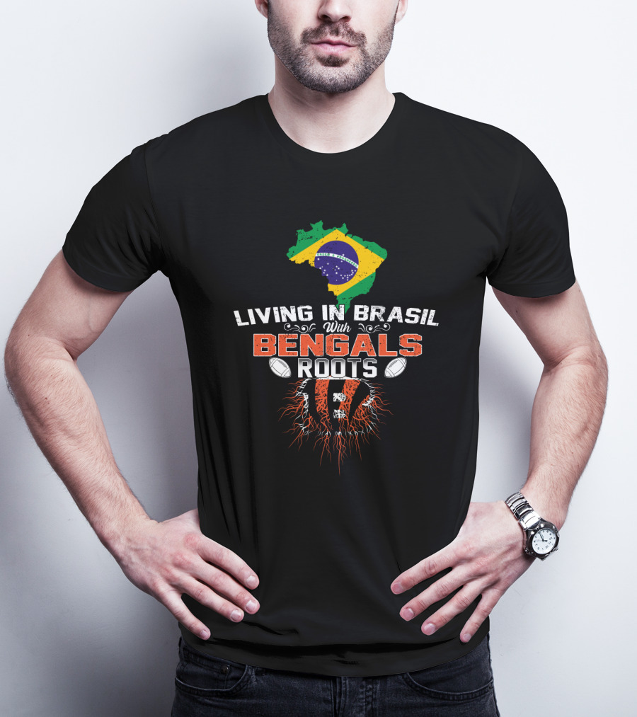 Living In Brasil With Bengals Roots Brazil Map Flag American Football T-Shirt