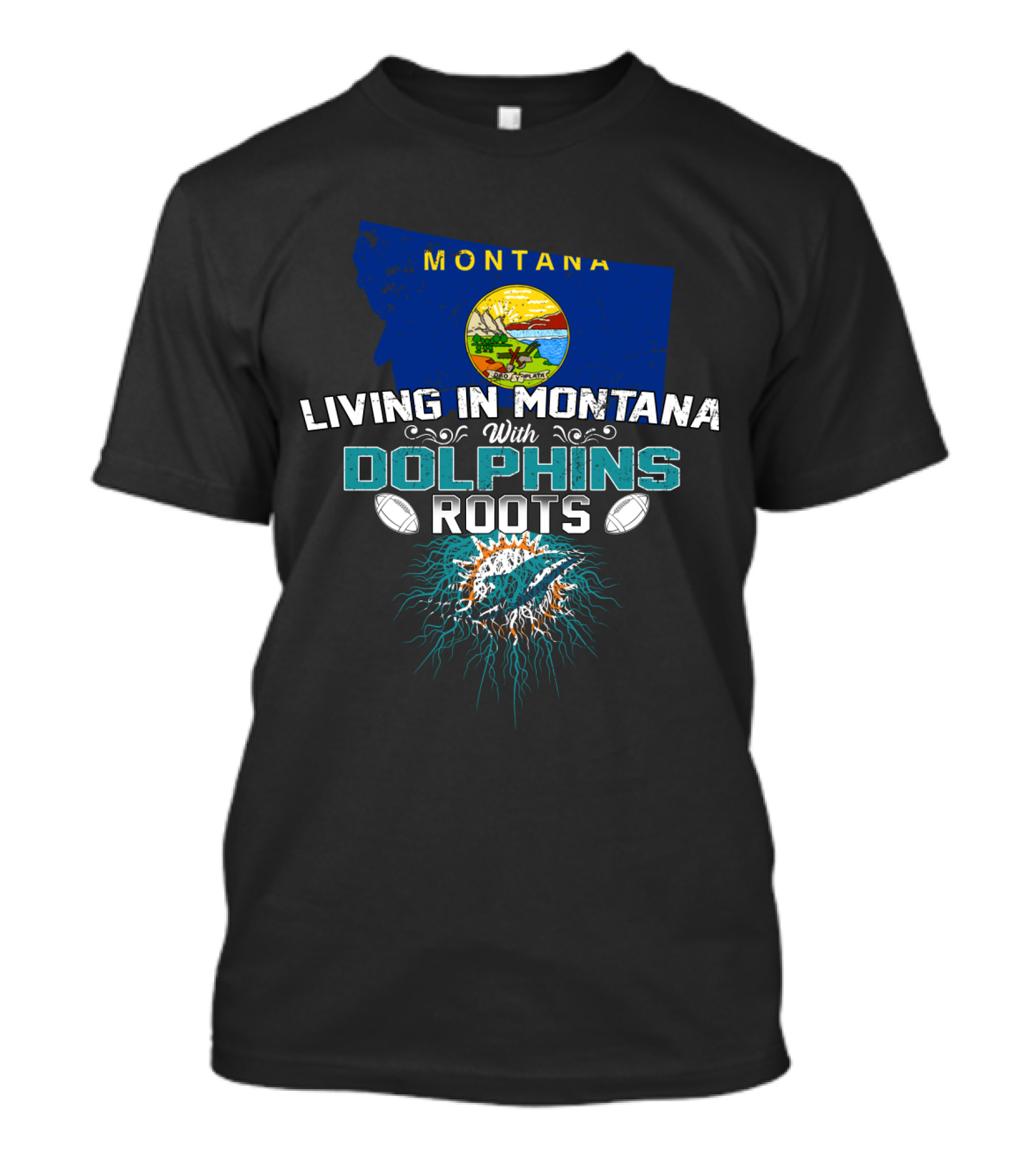 Montana Pride With Dolphins Roots Logo And State Seal Background T-Shirt