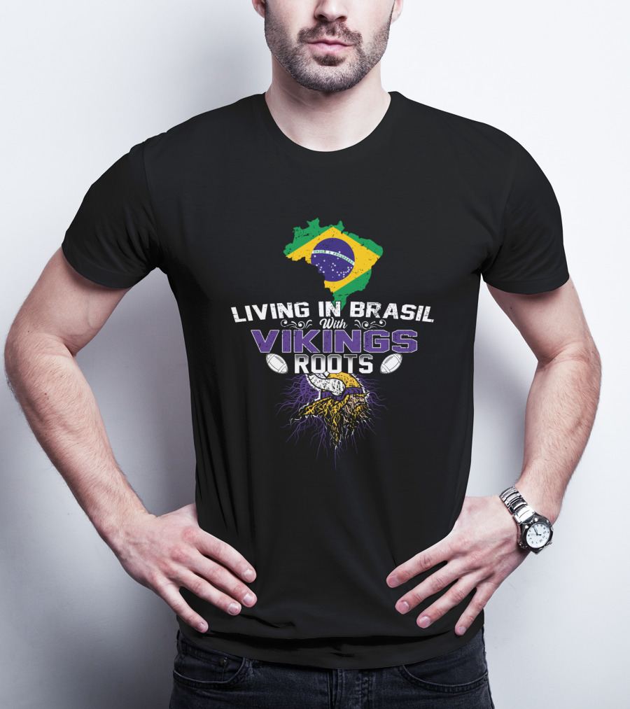 Living In Brasil With Vikings Roots Map And Viking Helmet With Footballs T-Shirt