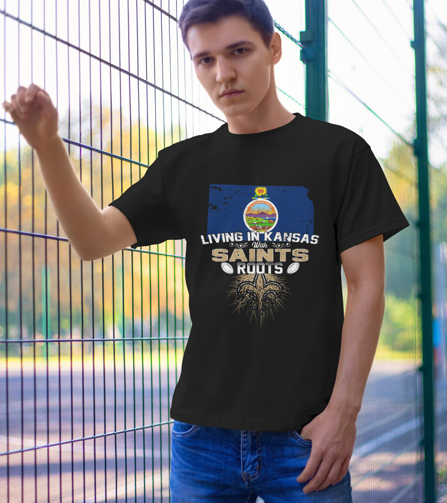 Living In Kansas With Saints Roots Kansas Map State Seal Fleur De Lis Football Elements T-Shirt