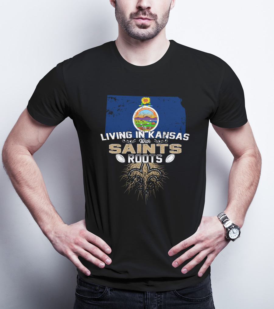 Living In Kansas With Saints Roots Kansas Map State Seal Fleur De Lis Football Elements T-Shirt