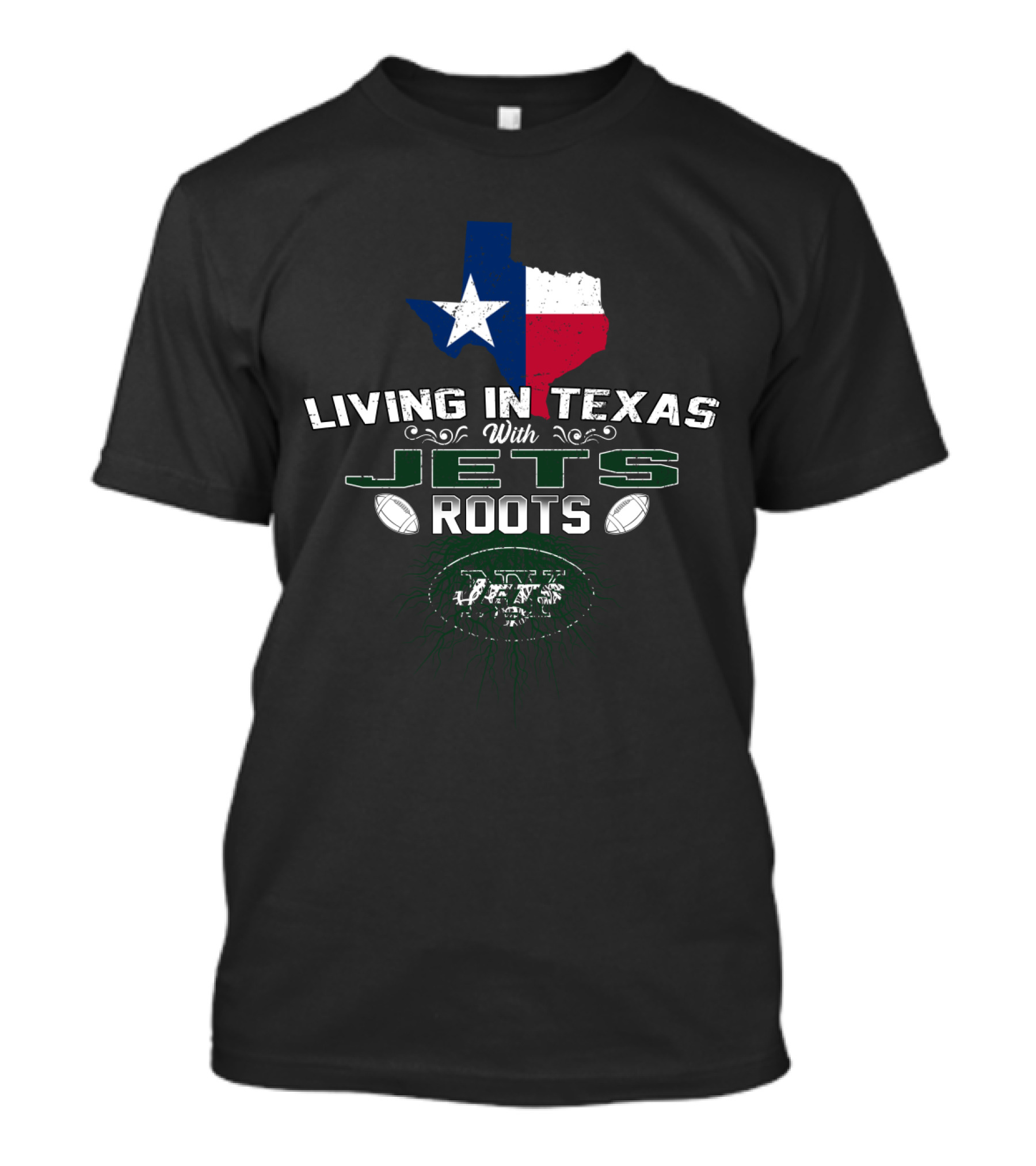 LIVING IN TEXAS WITH JETS ROOTS TEXAS FLAG NEW YORK FOOTBALL ICONS T-Shirt