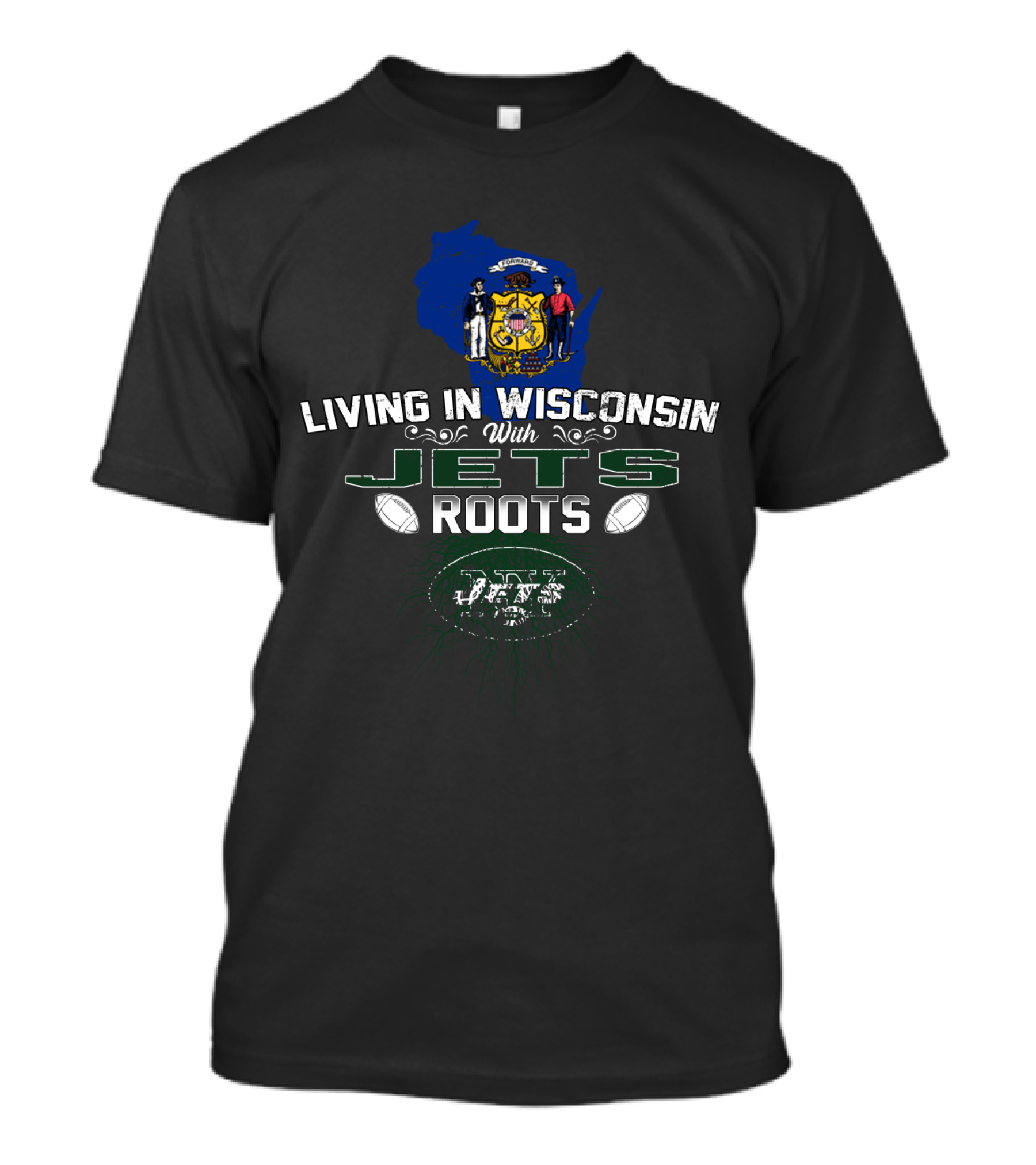 Living In Wisconsin Embracing Jets Roots With Wisconsin Crest And Green Football T-Shirt