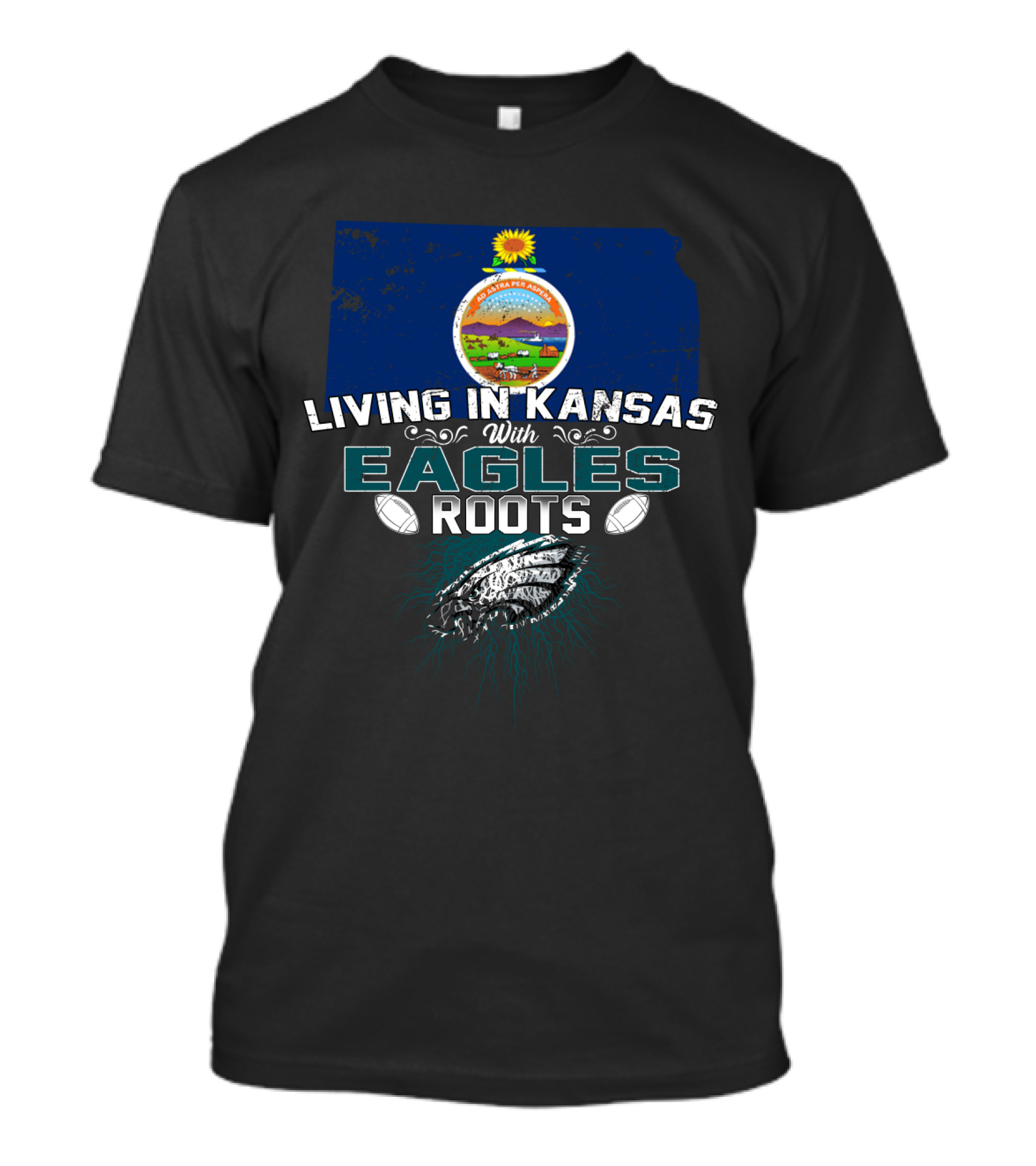 Living In Kansas With Philadelphia Eagles Roots And Kansas Map Background T-Shirt