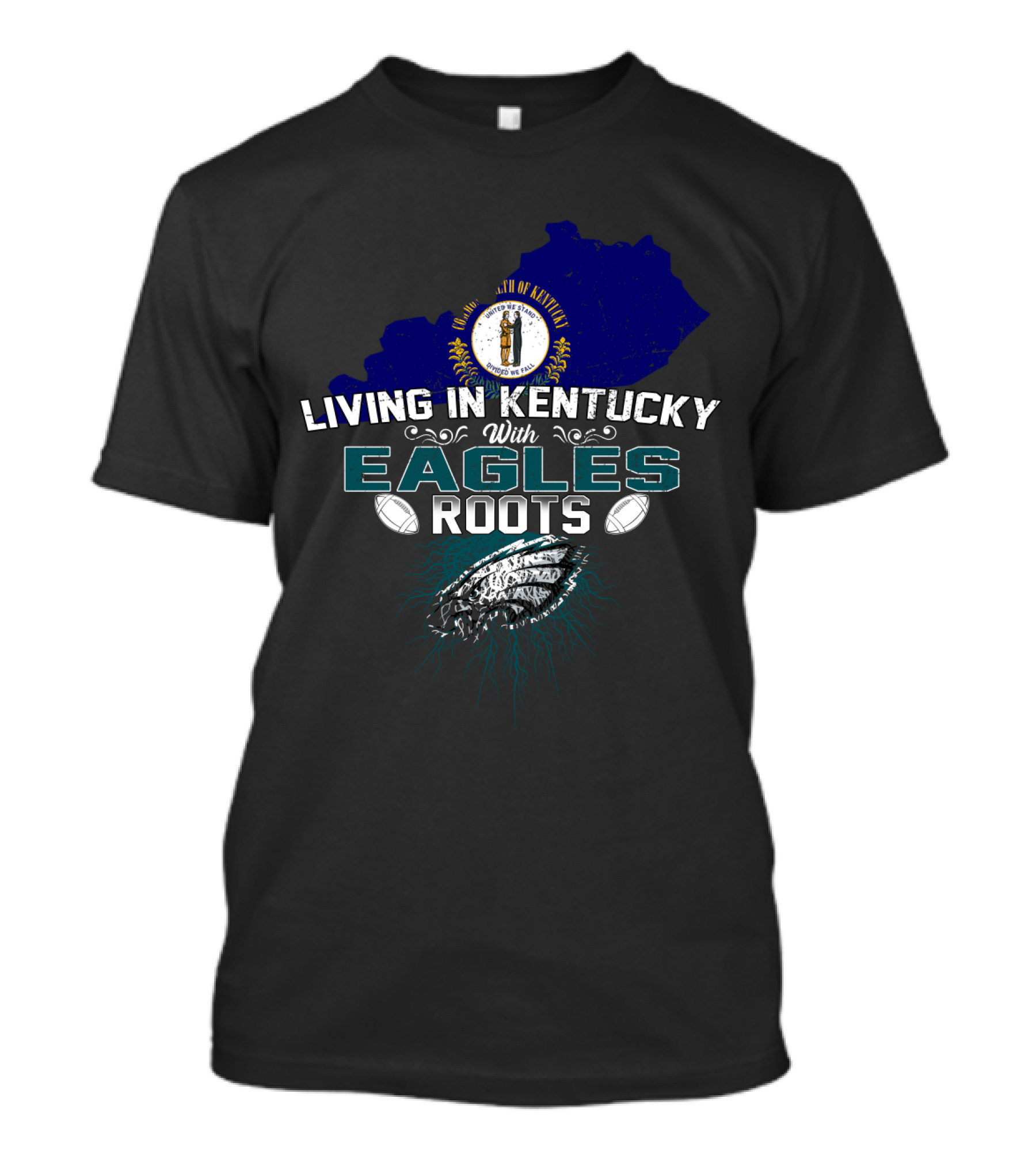 Living In Kentucky With Eagles Roots Kentucky State Map And Football Leaf T-Shirt