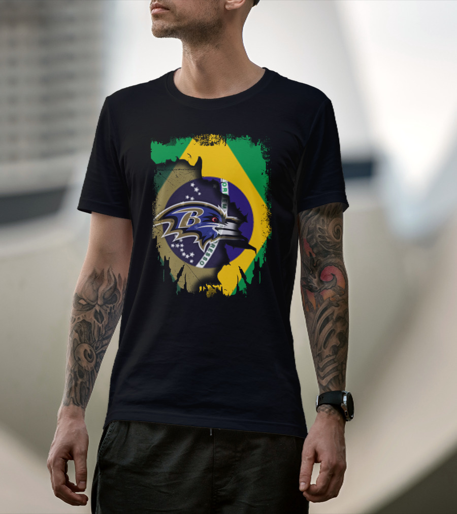 Brazilian Flag With Baltimore Ravens Logo Overlay T-Shirt