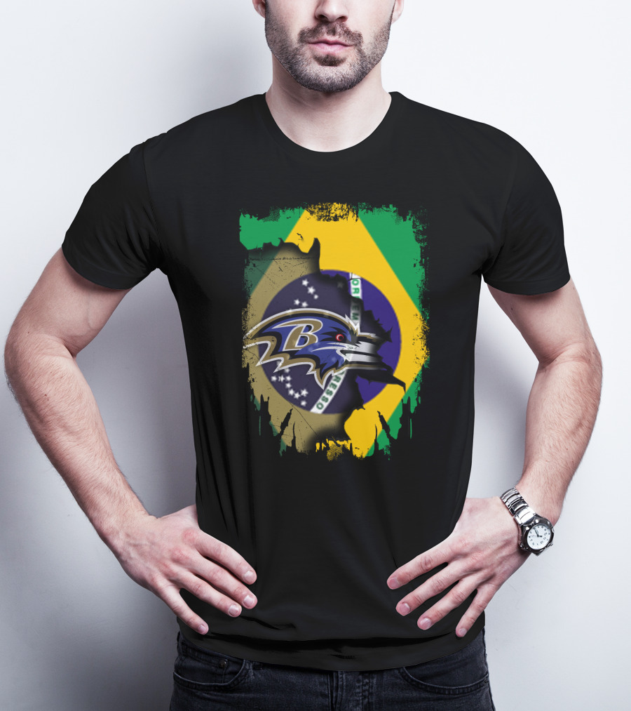 Brazilian Flag With Baltimore Ravens Logo Overlay T-Shirt