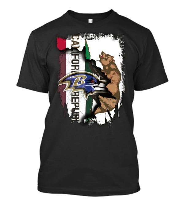 California Republic Bear And Baltimore Ravens Logo Fusion T-Shirt