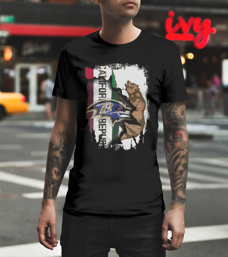 California Republic Bear And Baltimore Ravens Logo Fusion T-Shirt
