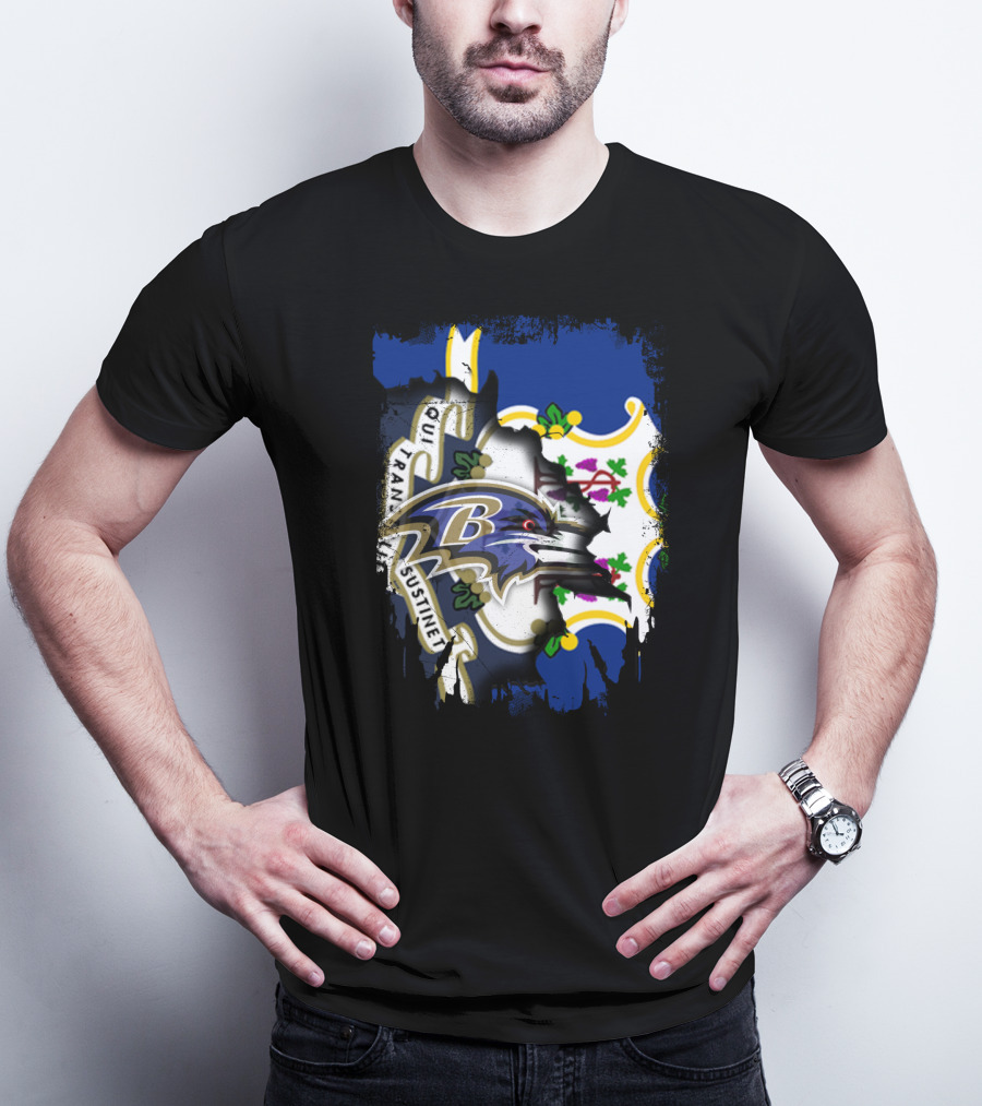 Connecticut State Flag And Baltimore Ravens Logo Fusion T-Shirt