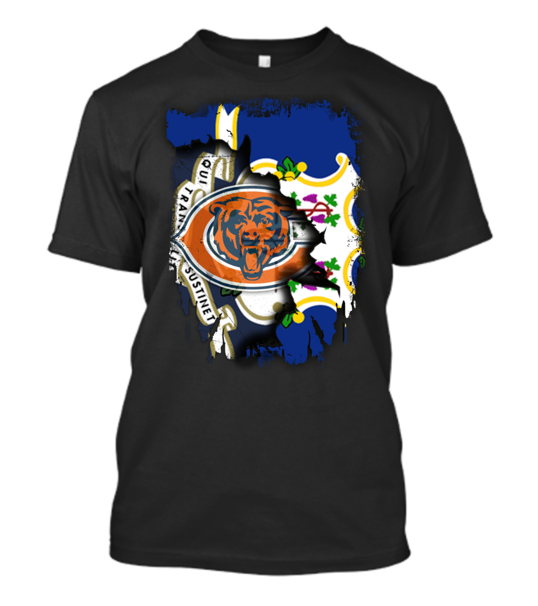 Connecticut State Flag Blended With Chicago Bears T-Shirt