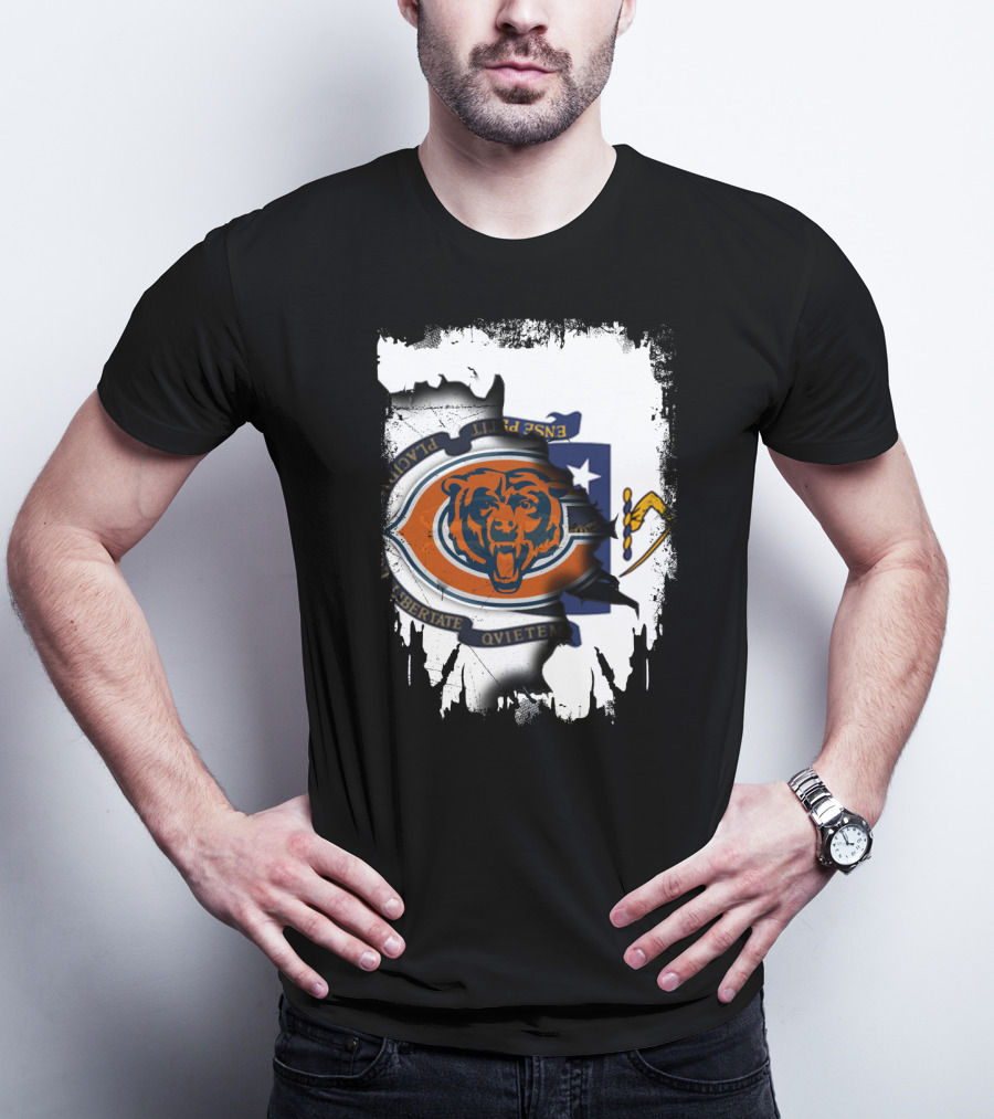 Massachusetts Flag With Chicago Bears Logo Fusion T-Shirt