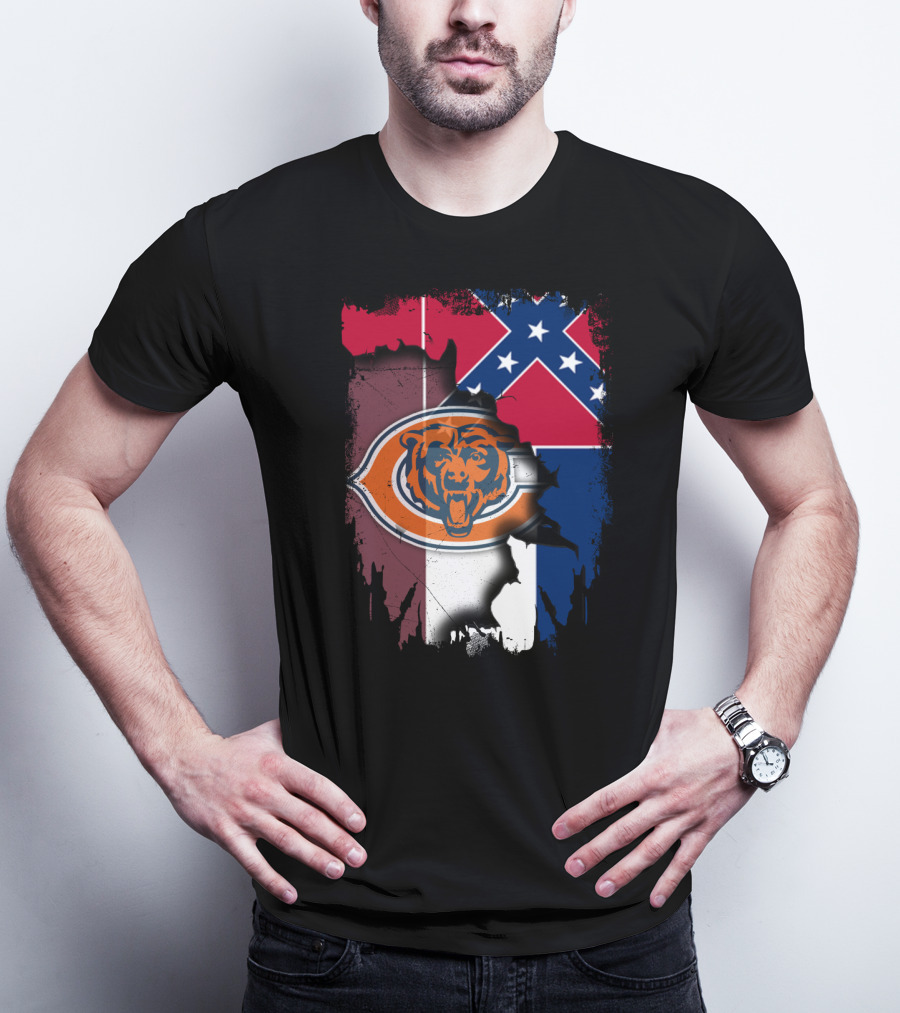 Chicago Bears Logo Over Mississippi Flag Tear T-Shirt