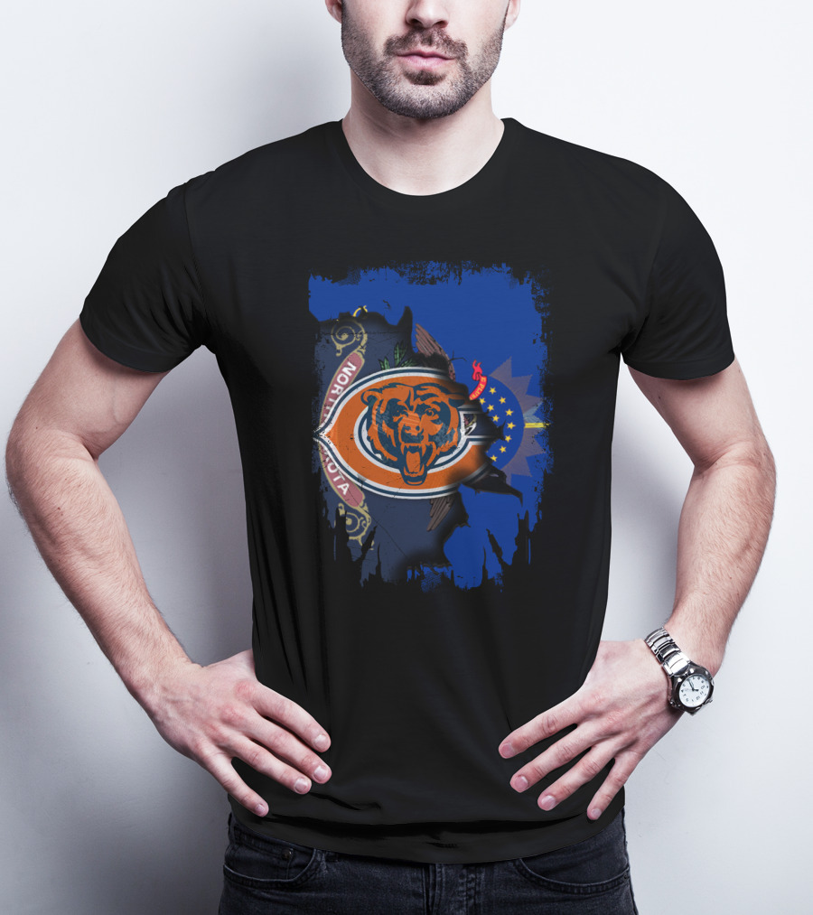 North Dakota Flag With Chicago Bears Logo Fusion T-Shirt