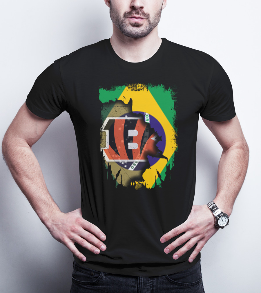 Together Brazil With Cincinnati Bengals Emblem And Flag Fusion T-Shirt