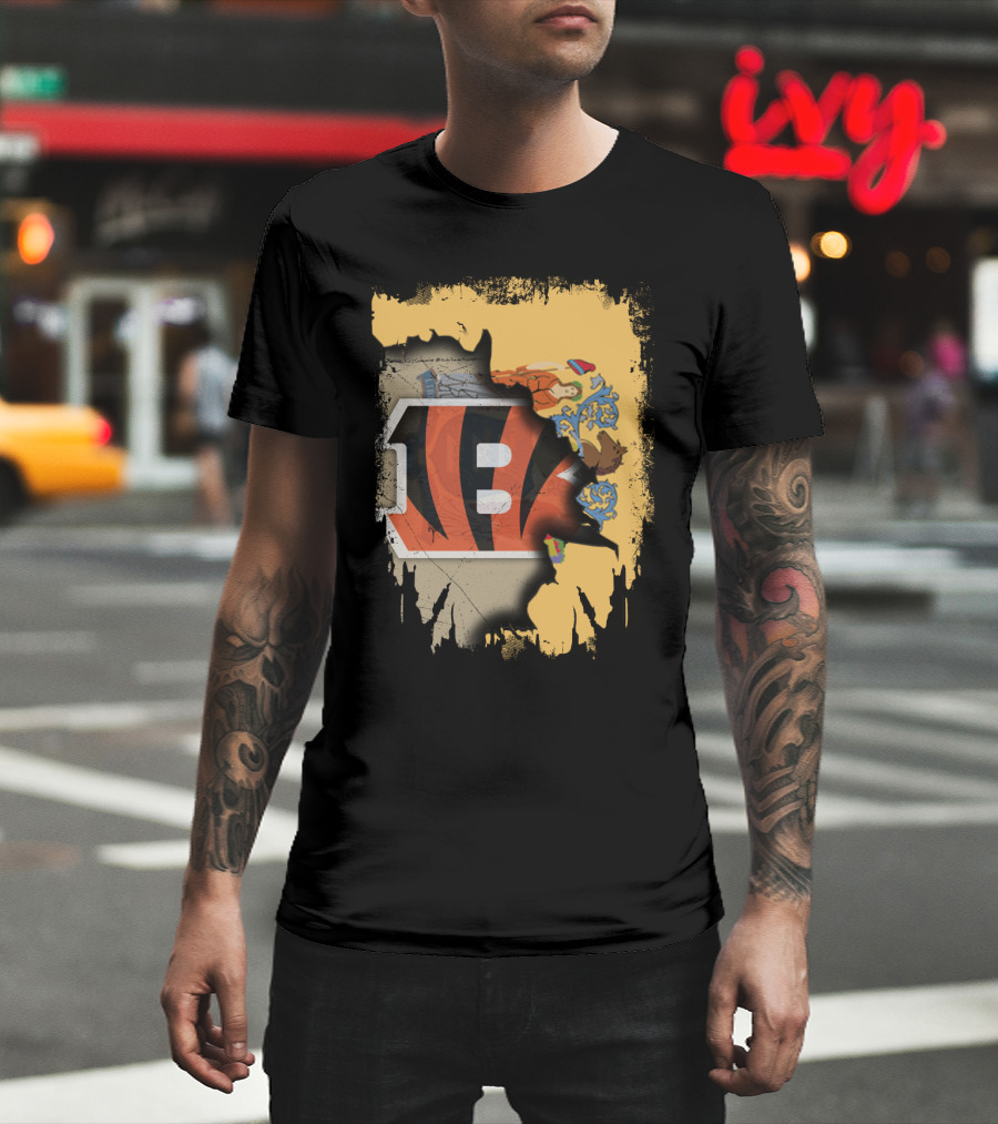 New Jersey State Map With Bengals Stripes And Emblem Overlay T-Shirt