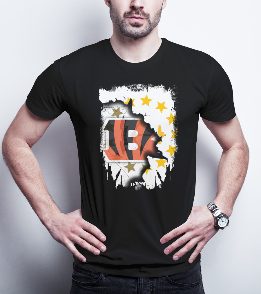 Rhode Island Map With Cincinnati Bengals Logo And Stars T-Shirt