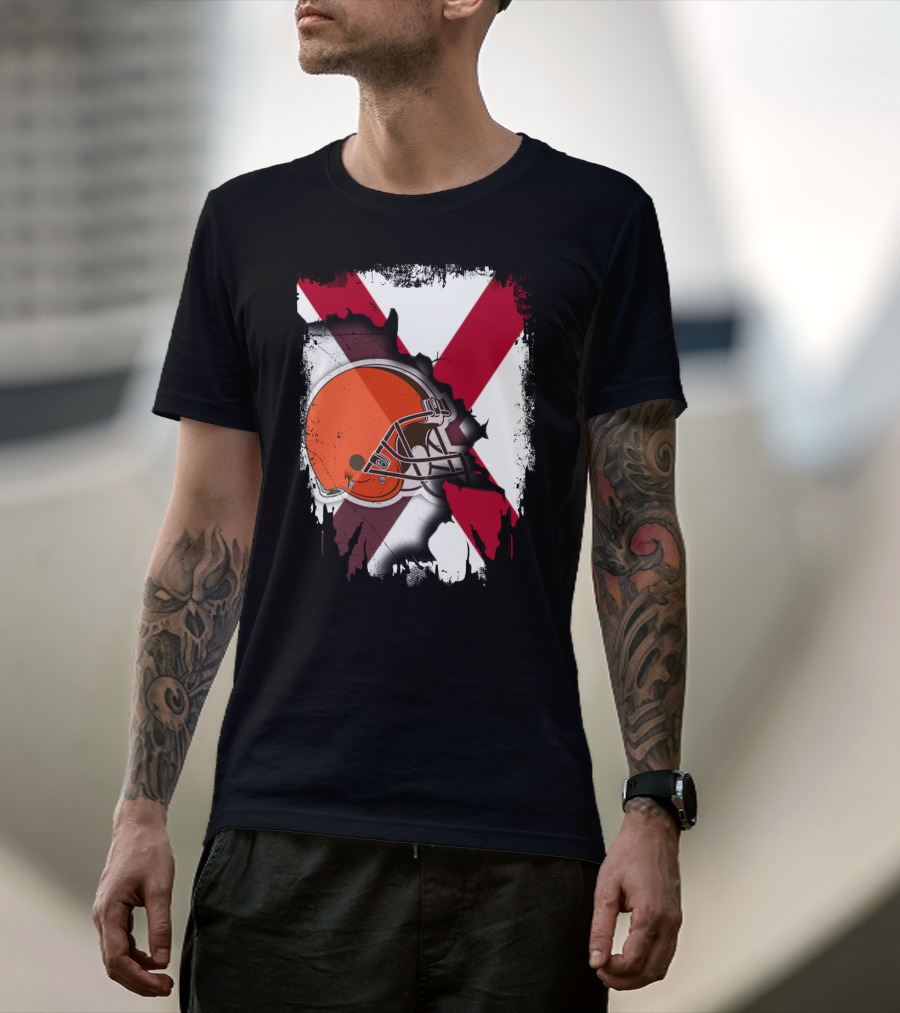 Alabama Browns Helmet Crossover On Distressed Crimson And White Background T-Shirt