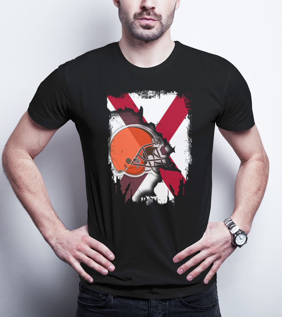 Alabama Browns Helmet Crossover On Distressed Crimson And White Background T-Shirt