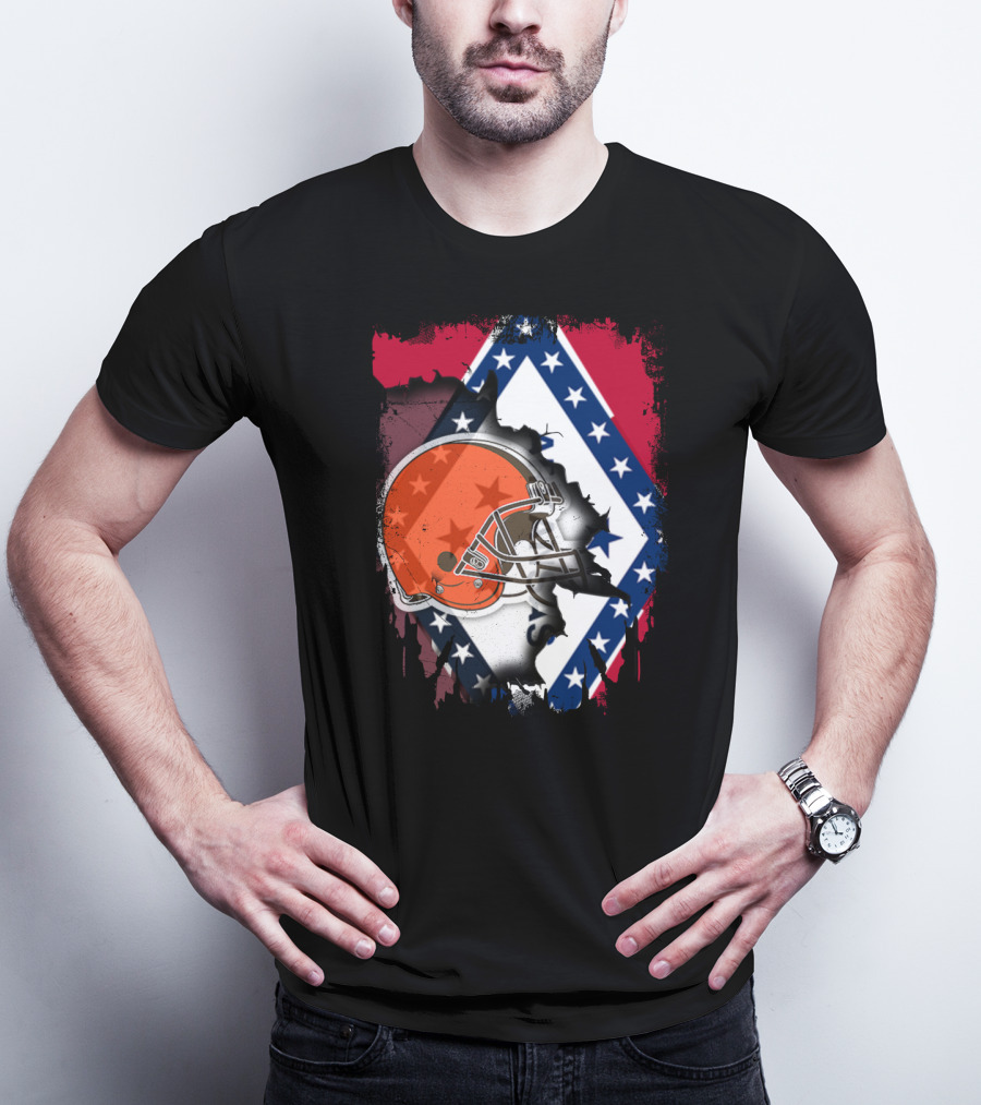 Together Arkansas Flag Tattered With Browns Helmet T-Shirt