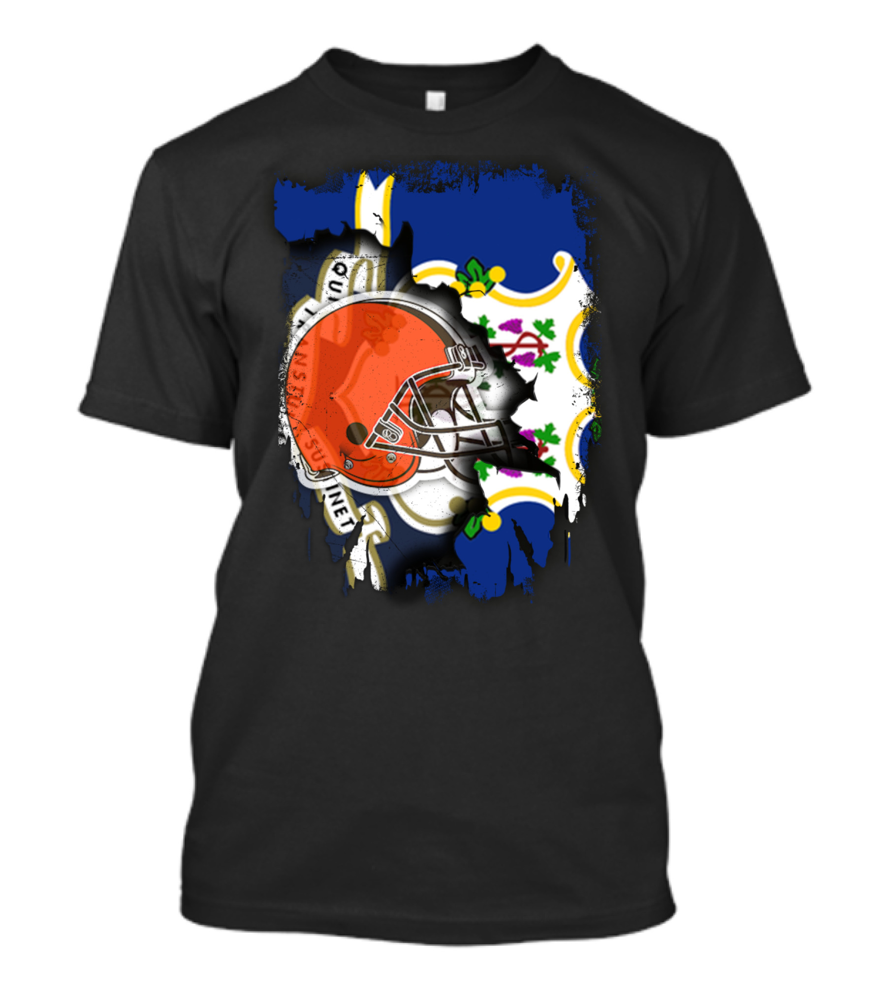 Cleveland Browns Helmet Over Connecticut State Flag T-Shirt