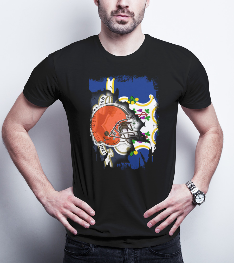 Cleveland Browns Helmet Over Connecticut State Flag T-Shirt