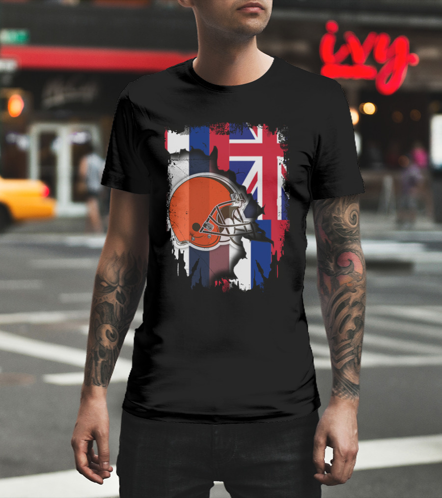 Hawaii Collaboration With Cleveland Browns Helmet And Flag T-Shirt