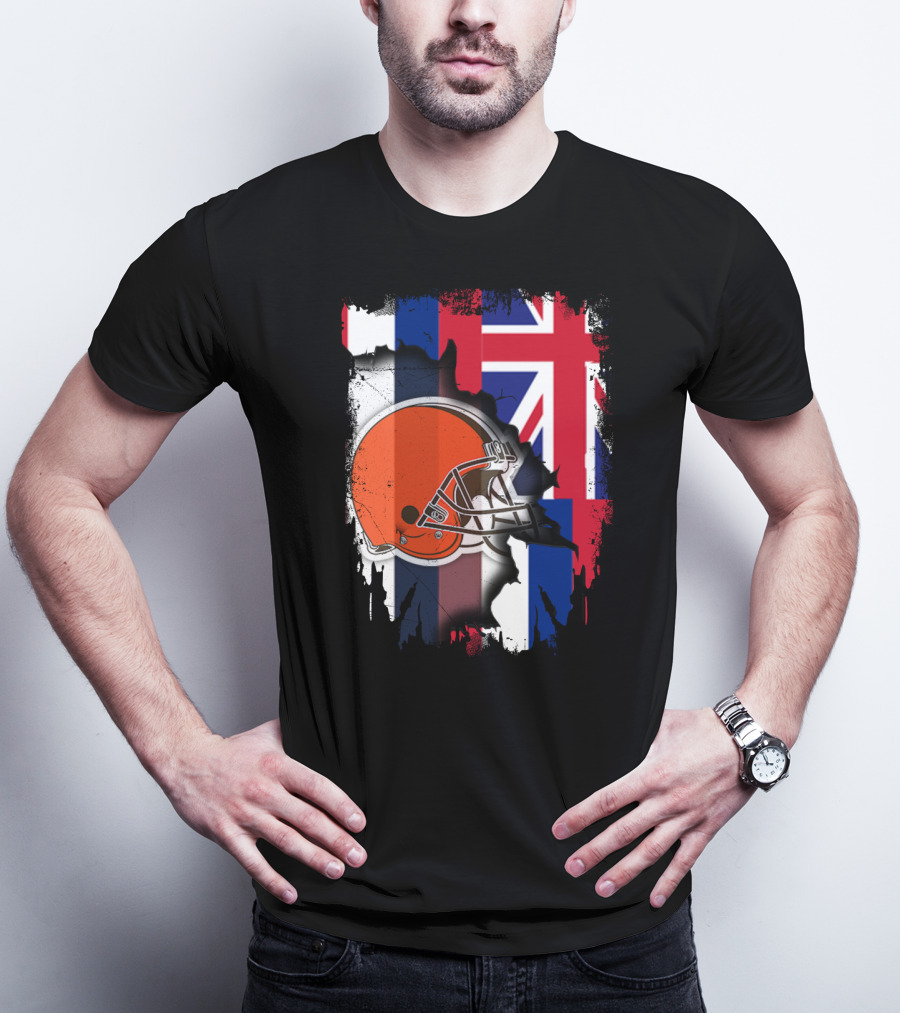 Hawaii Collaboration With Cleveland Browns Helmet And Flag T-Shirt