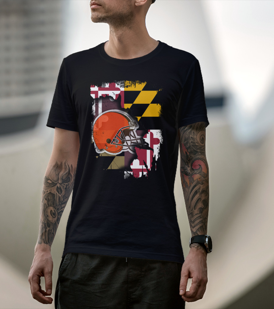 Maryland Flag With Cleveland Browns Helmet T-Shirt