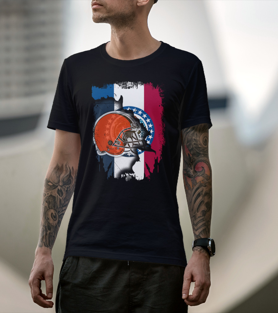 Cleveland Browns Helmet Over Missouri Flag Background T-Shirt