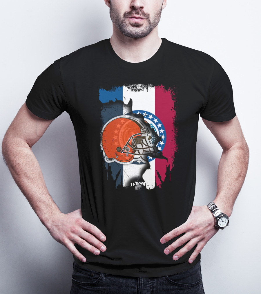 Cleveland Browns Helmet Over Missouri Flag Background T-Shirt