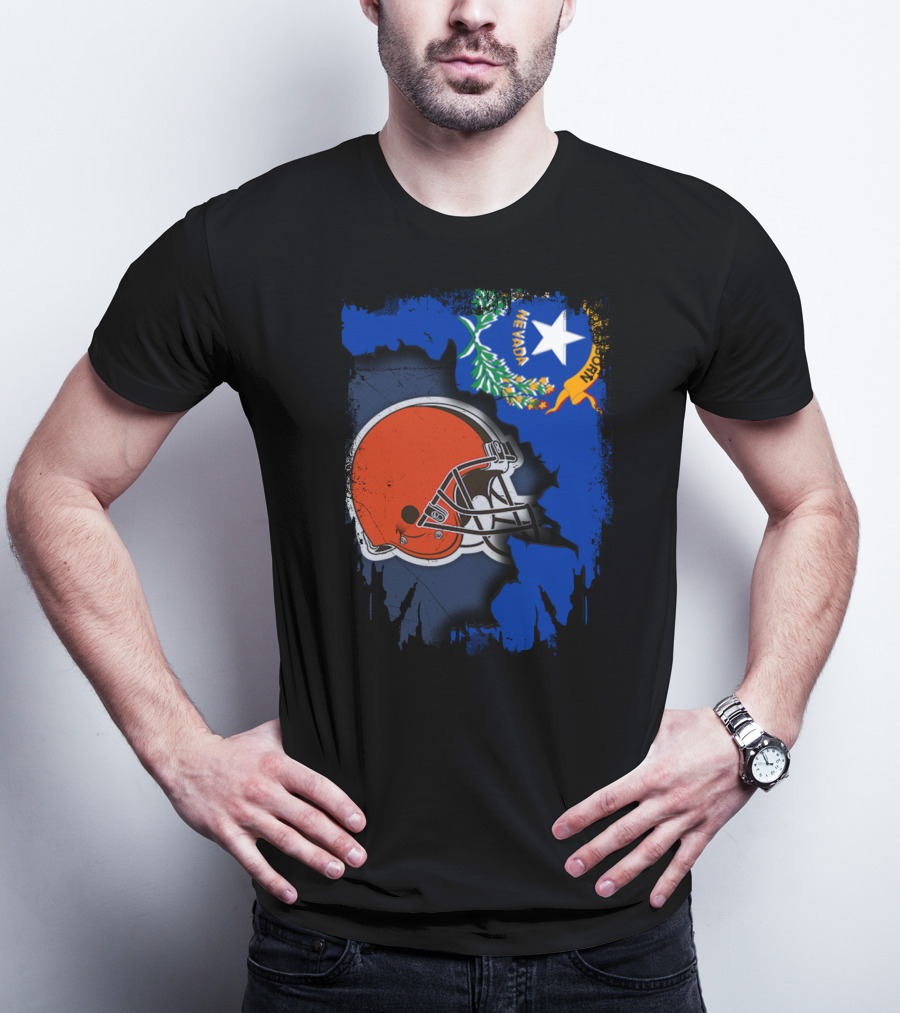 Nevada State Flag With Cleveland Browns Helmet Fusion T-Shirt