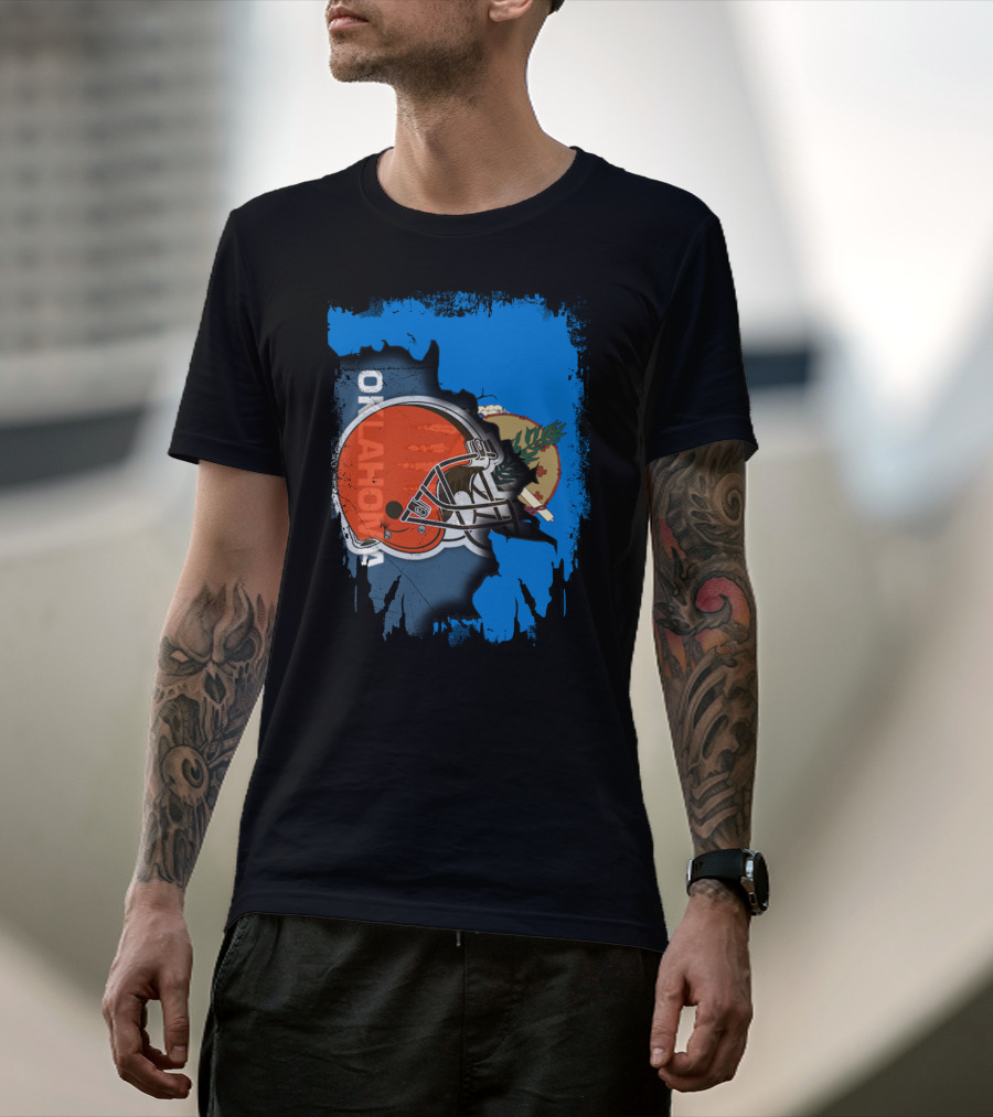 Oklahoma Browns Helmet Over State Flag T-Shirt