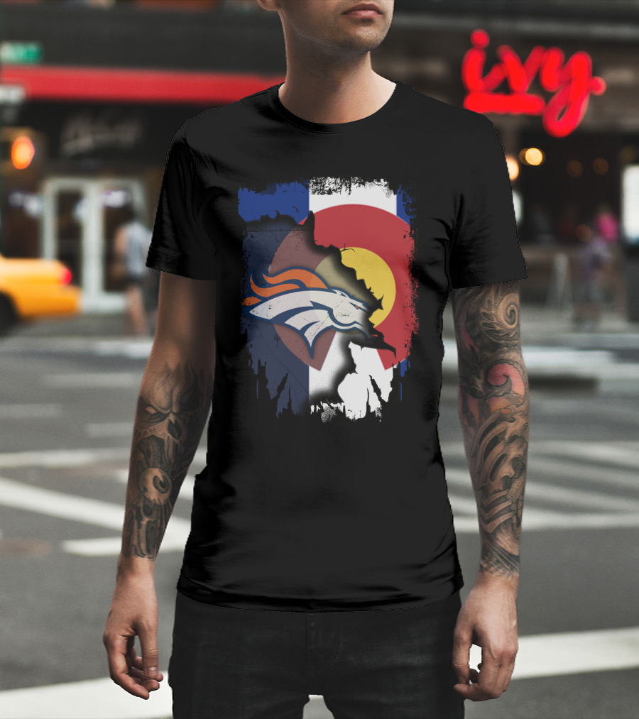 Colorado Flag With Broncos Logo Fusion T-Shirt