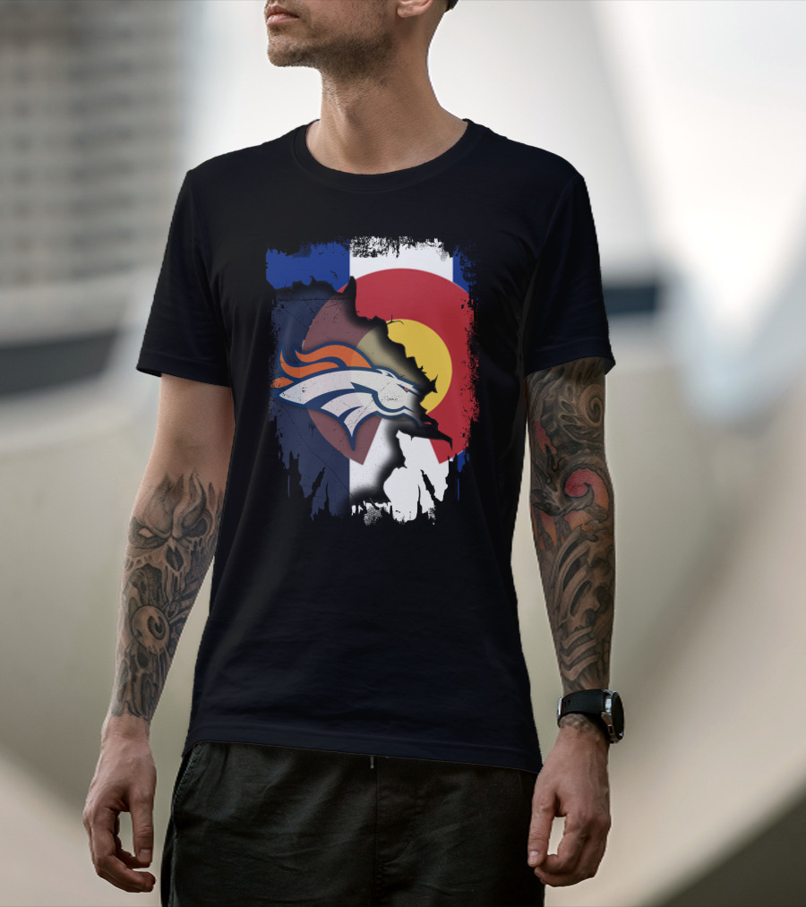 Colorado Flag With Broncos Logo Fusion T-Shirt