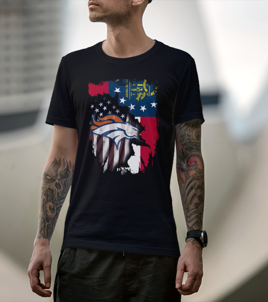 Georgia State With Denver Broncos Flag Fusion T-Shirt