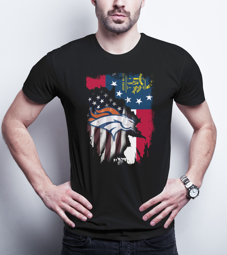Georgia State With Denver Broncos Flag Fusion T-Shirt