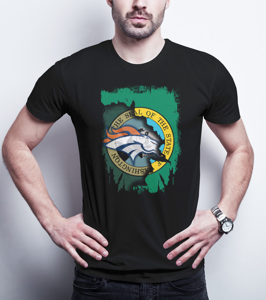 The Seal Of The State Of Washington With Broncos Logo Fusion T-Shirt