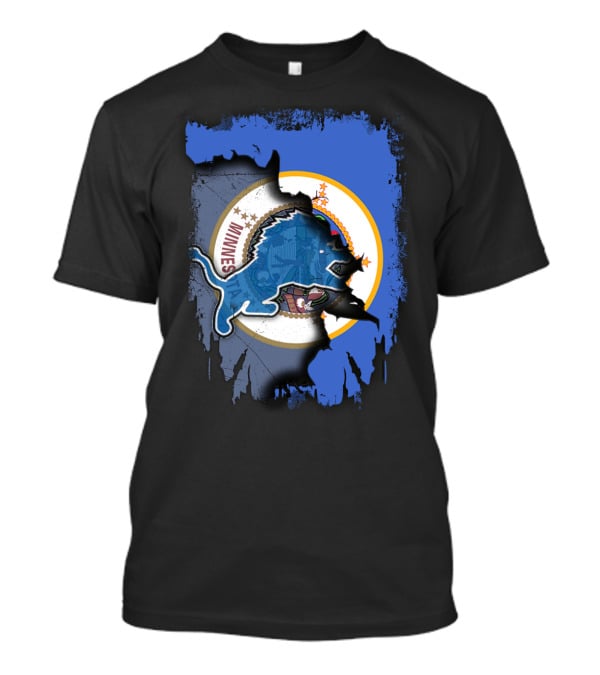 Minnesota State Flag With Detroit Lions Logo Together T-Shirt
