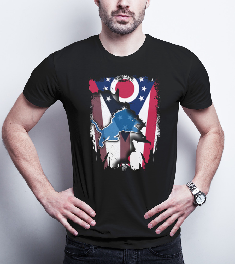 Ohio Flag With Detroit Lions Star-Spangled T-Shirt