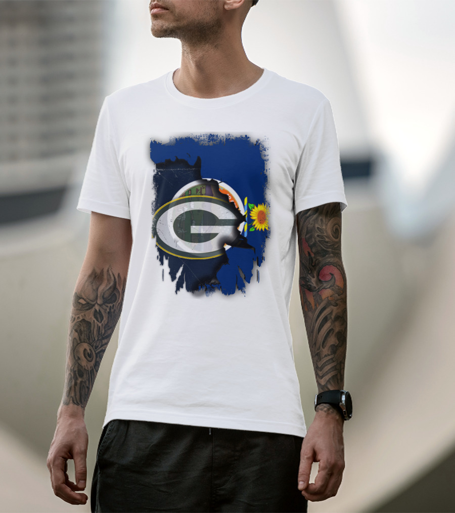 Kansas State Flag With Green Bay Packers Logo And Sunflower T-Shirt