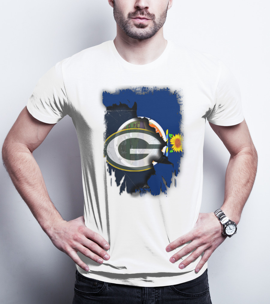 Kansas State Flag With Green Bay Packers Logo And Sunflower T-Shirt