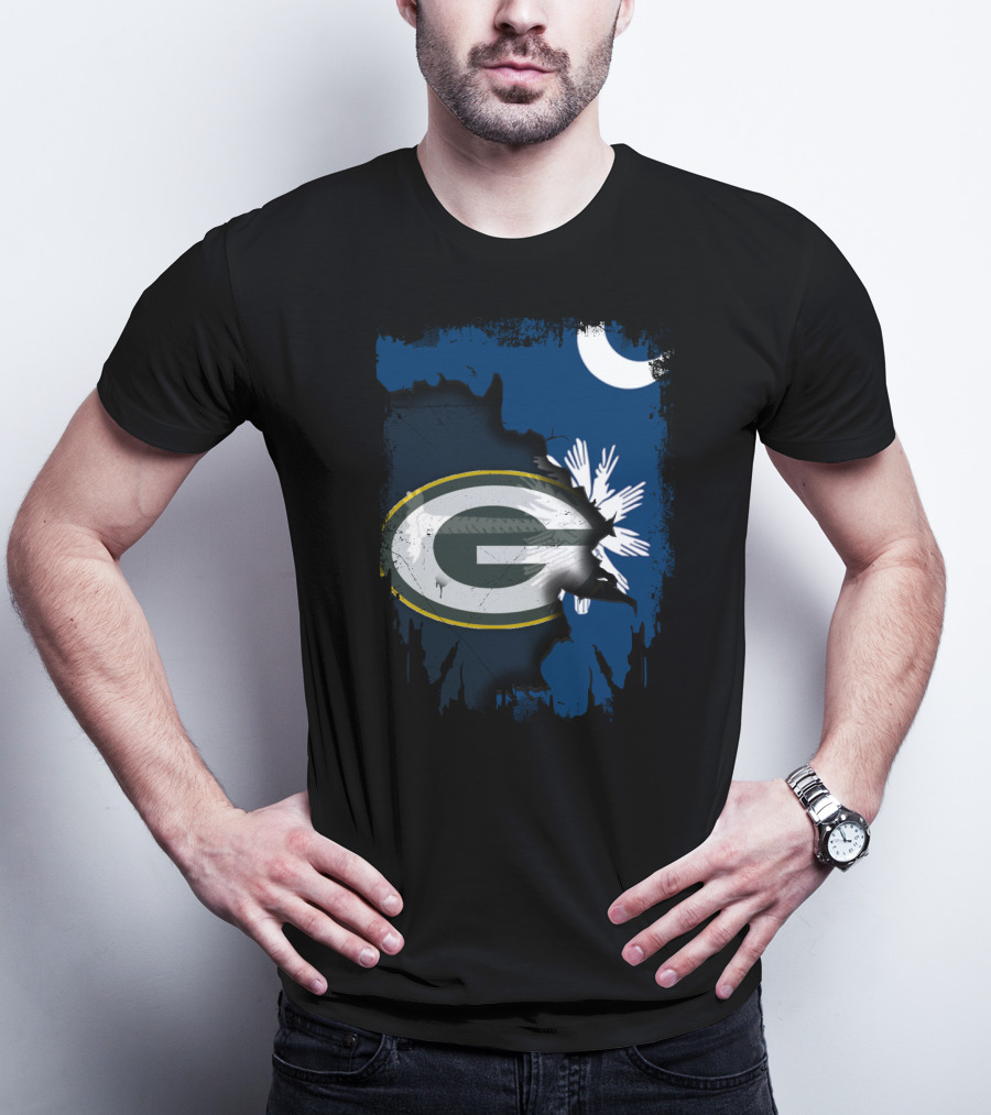 South Carolina And Packers Logo Blend With Crescent Moon And Palmetto Tree T-Shirt