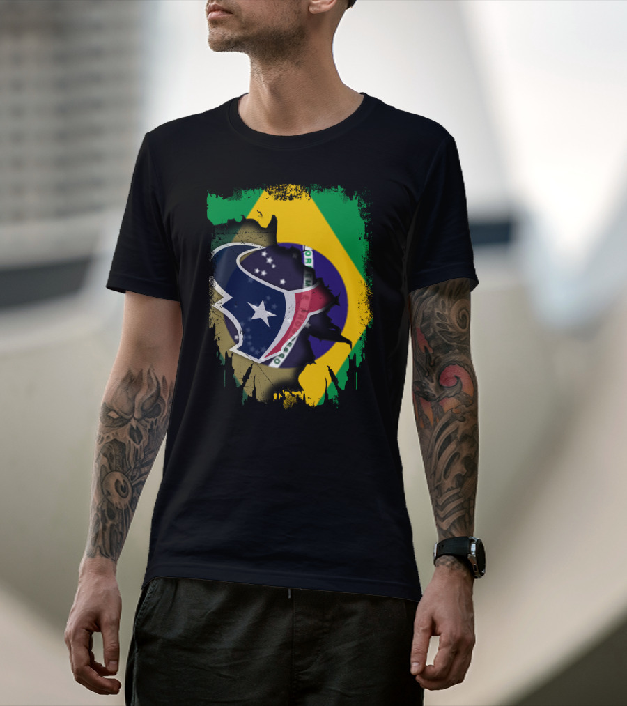 Brazilian Flag And Texans Logo Integration: Together Brazil With Texans T-Shirt